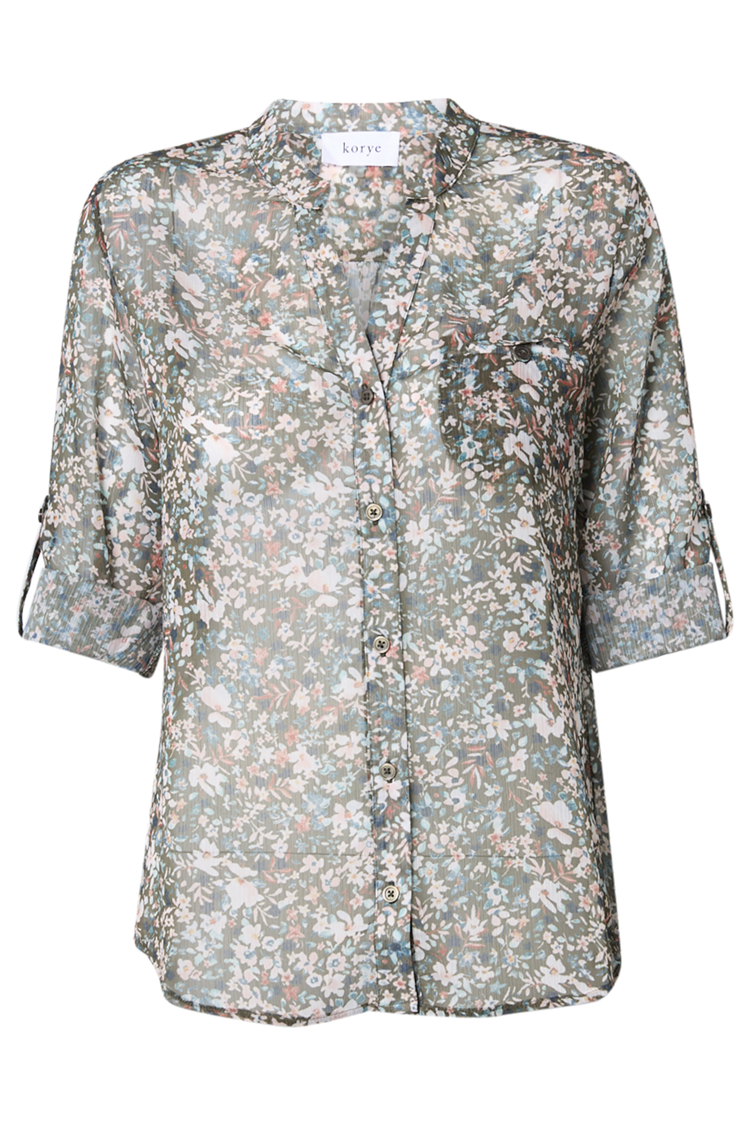 Button Front Long Sleeve Blouse in Olive Multi M - XL | DAILYLOOK