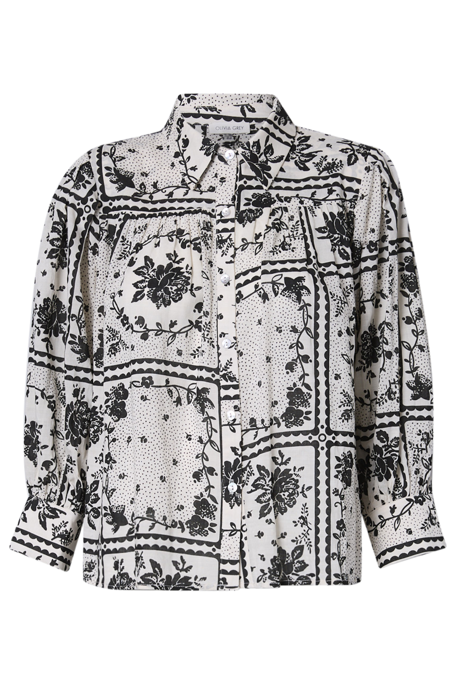 Tile Floral Print Long Sleeve Blouse in Black/White M | DAILYLOOK