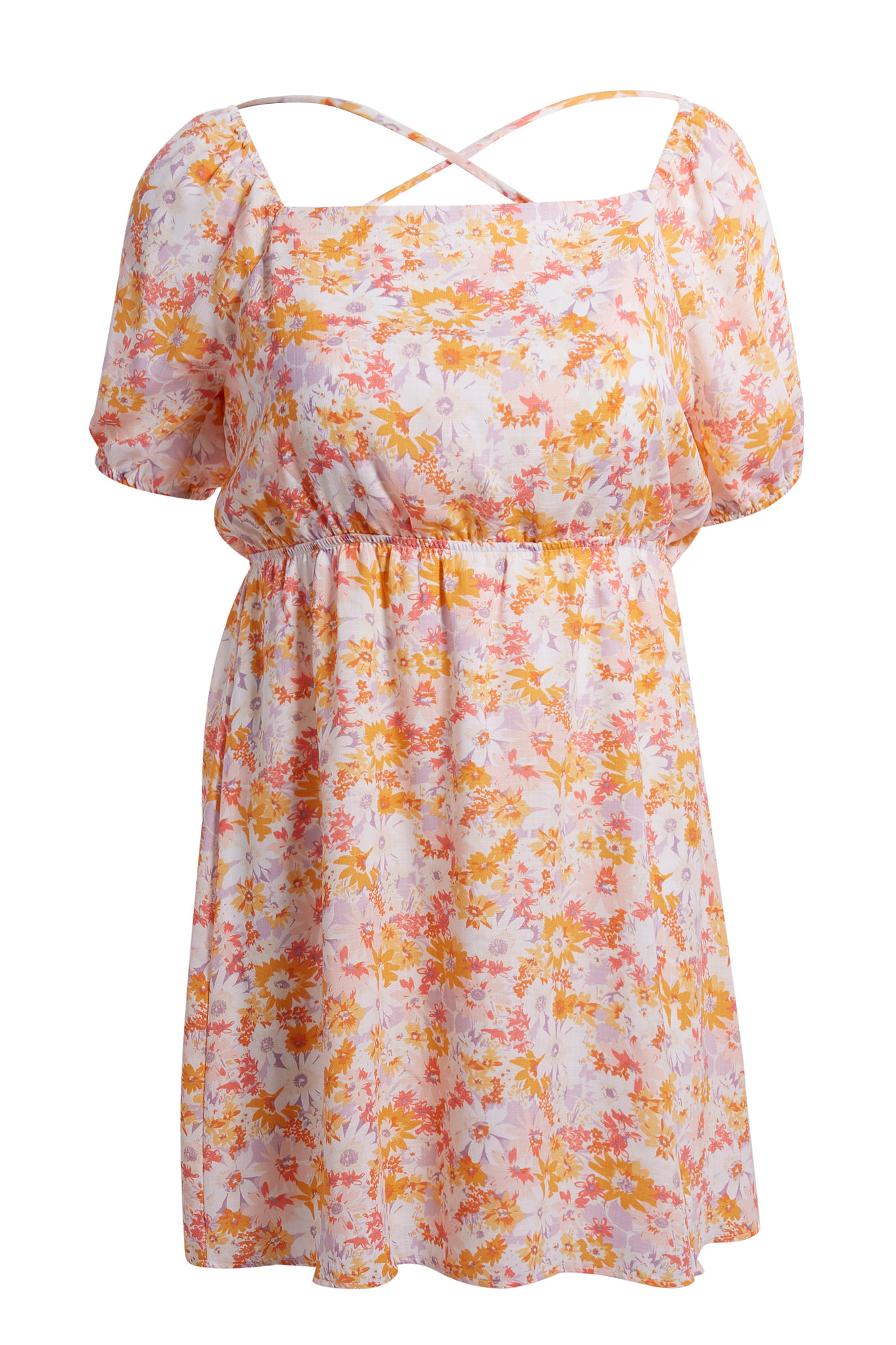 Open Cross Back Mini Dress in Orange Multi 1X - 3X | DAILYLOOK
