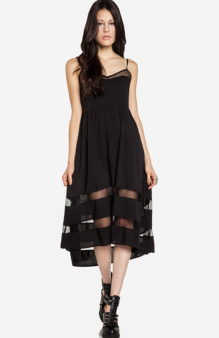Mesh Insert Midi Dress in Black | DAILYLOOK