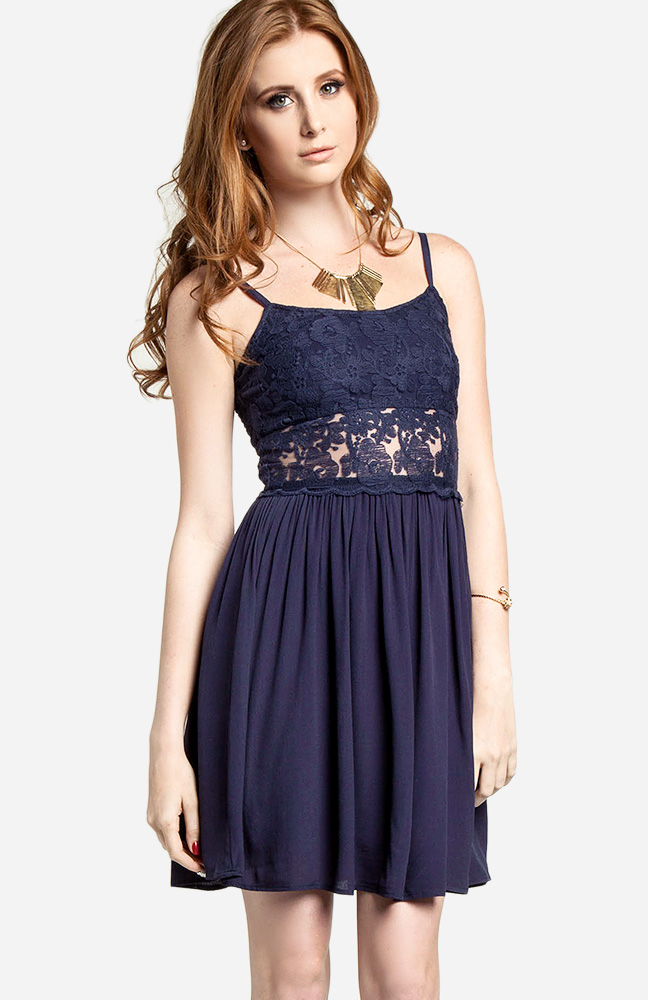 Floral Lace Top Dress in Navy | DAILYLOOK