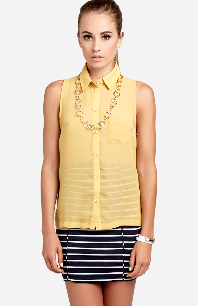 Sheer Sleeveless Button Up Top In Mustard Dailylook