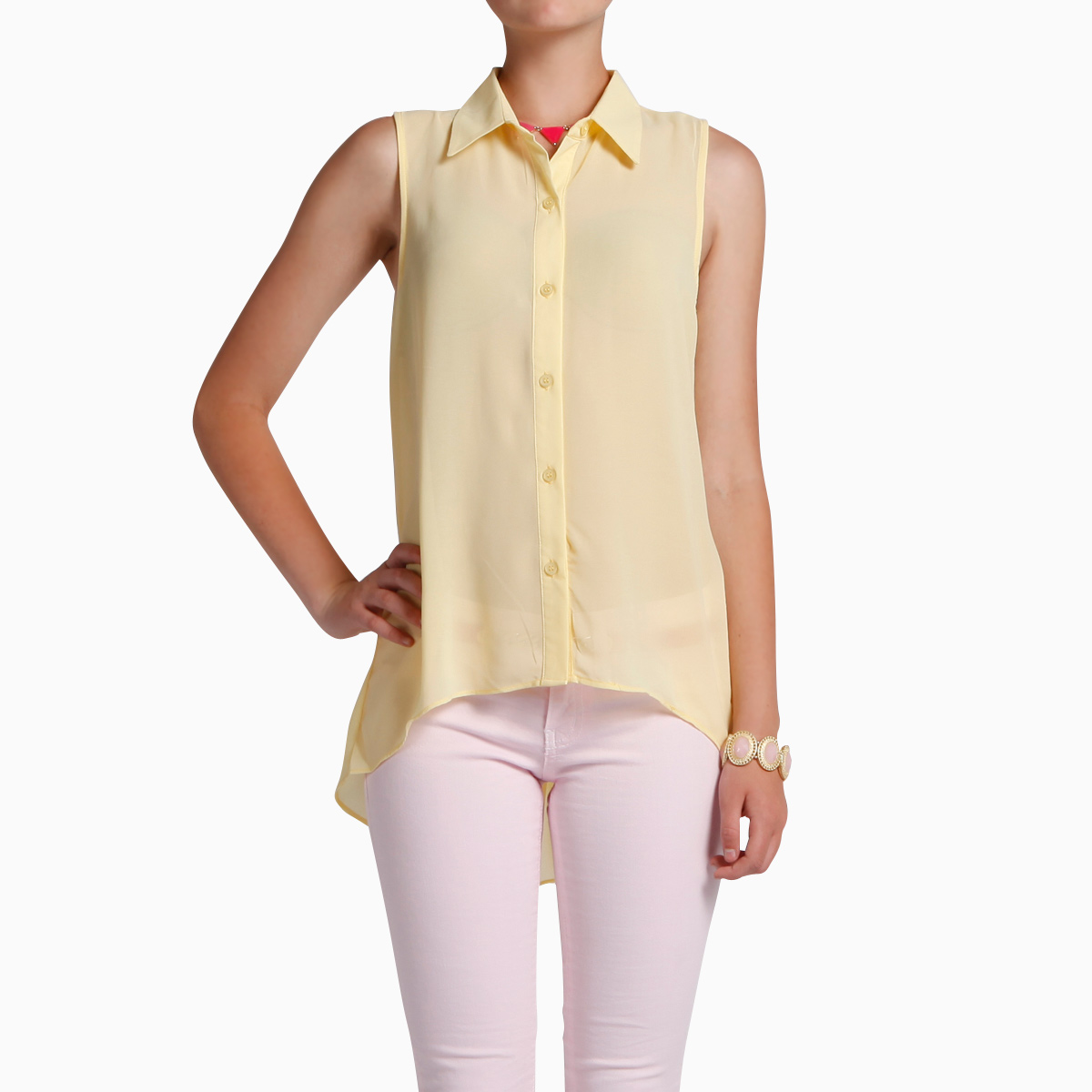 Sleeveless Button Down Top with Cinched Back in Yellow | DAILYLOOK