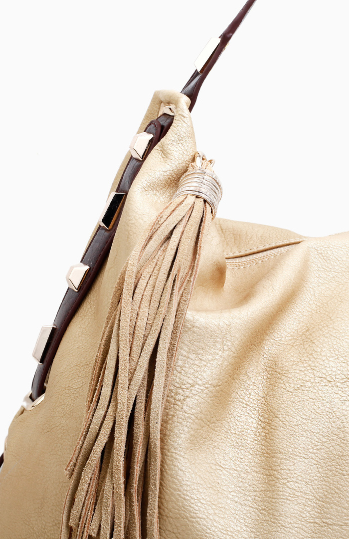 Studded Fringe Hobo Bag in Gold | DAILYLOOK