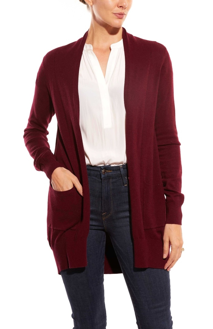 Noah Long Open Front Cardigan in Wine | DAILYLOOK