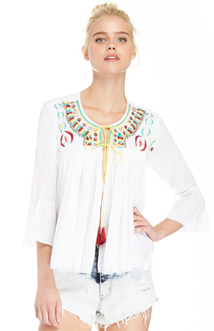 RAGA Long Sleeve Embroidered Peasant Top in White | DAILYLOOK