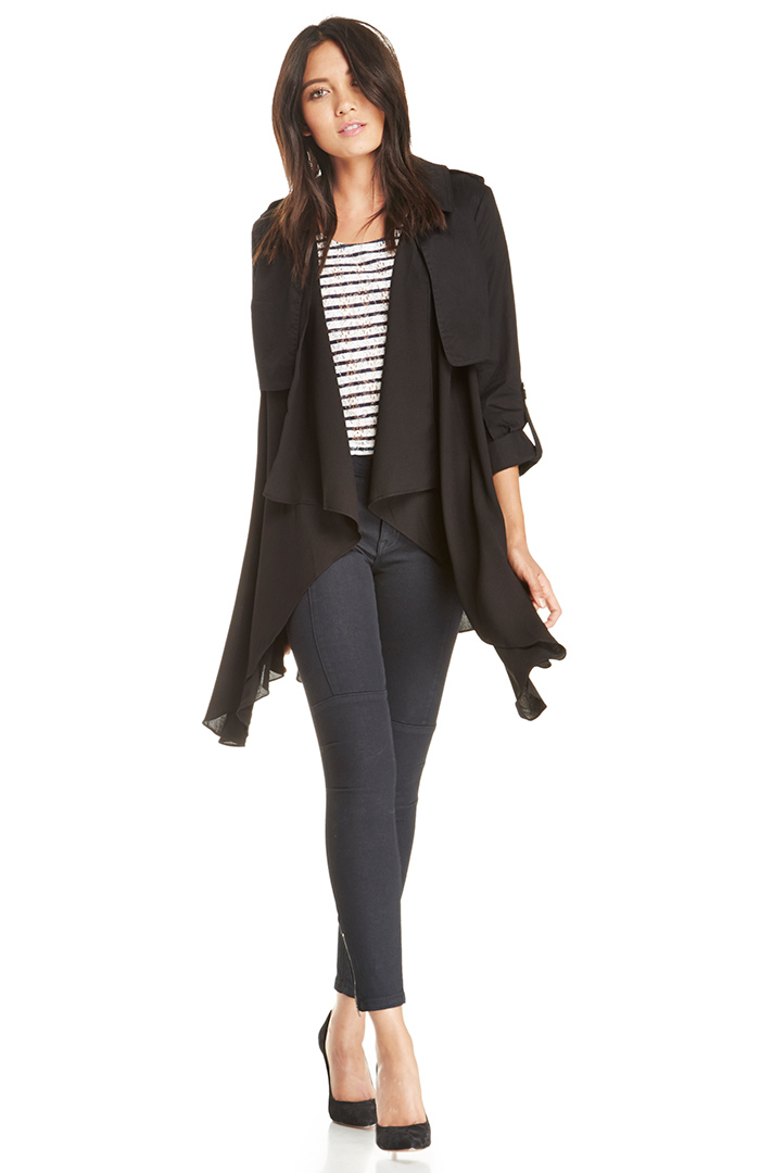 Line & Dot Flowy Trench Coat in Black | DAILYLOOK