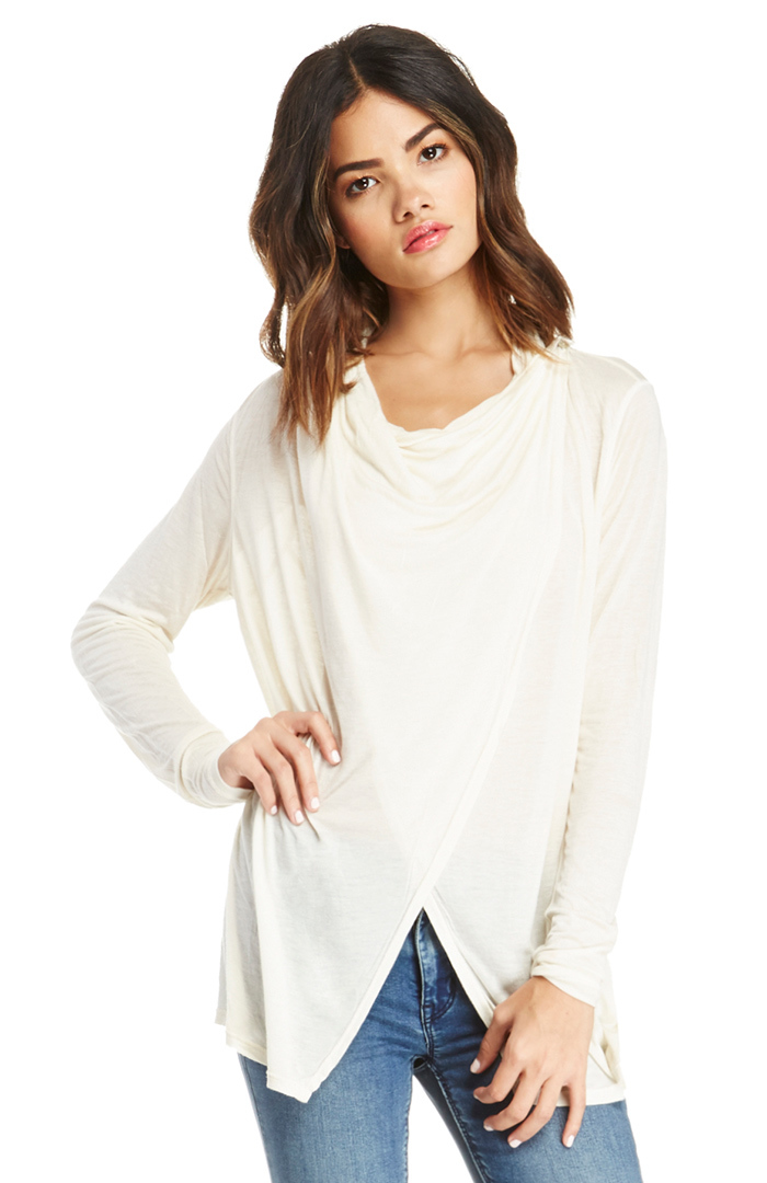 LAmade Gauzy Draped Front Cardigan in Cream | DAILYLOOK