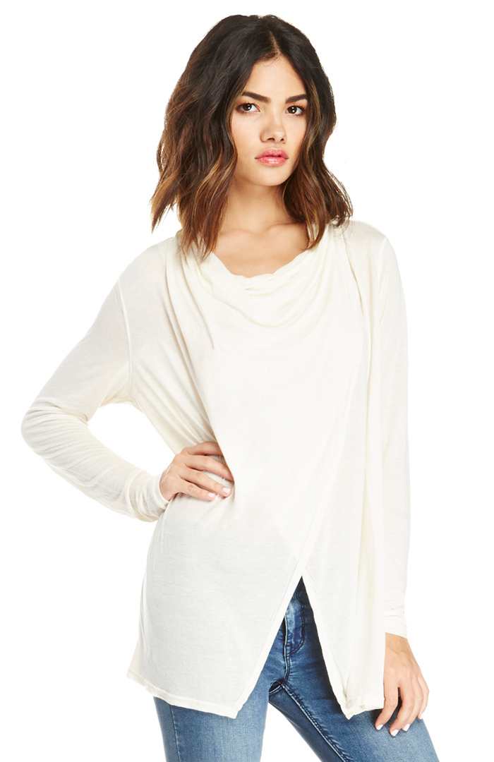 LAmade Gauzy Draped Front Cardigan in Cream | DAILYLOOK