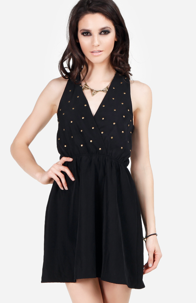 Studded V-Cut Mini Dress in Black | DAILYLOOK