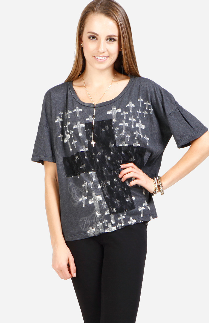 Lace Cross Printed Tee in Charcoal | DAILYLOOK