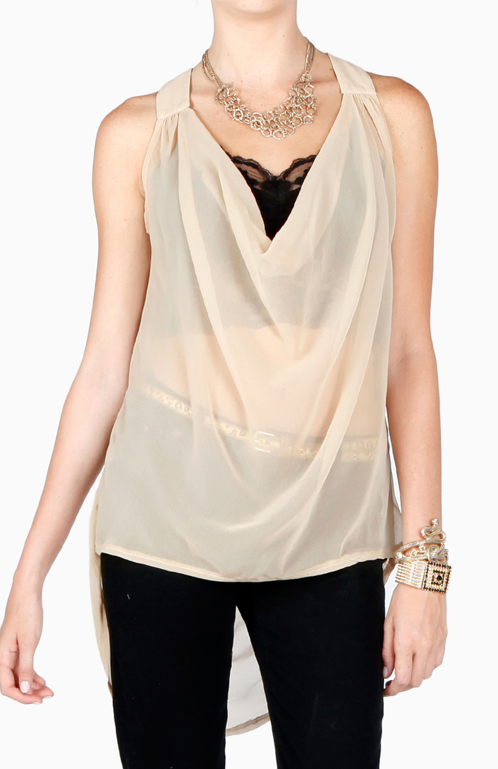 Sheer Cowl Cut Out Back Top in Beige | DAILYLOOK